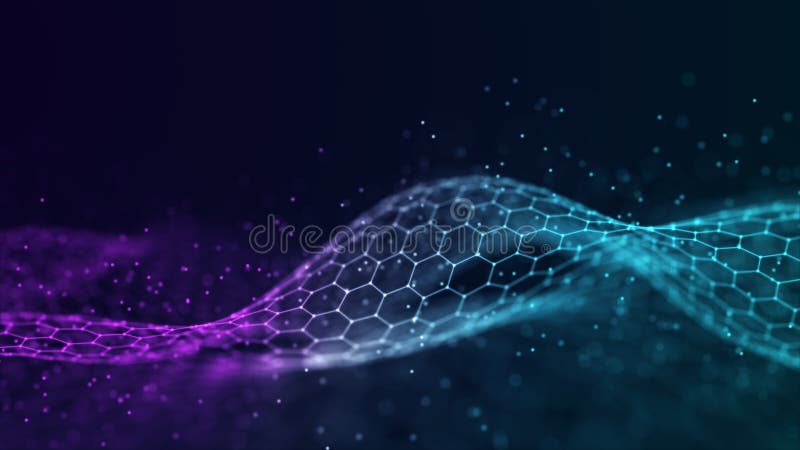 Abstract Hexagon Wave with Moving Dots. Flow of Particles. Cyber ...