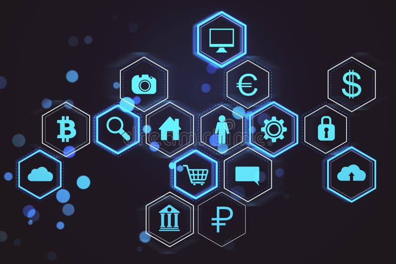 Abstract Hexagonal Pattern Hologram with Various Business Icons on Dark ...