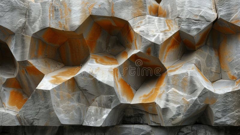 Abstract Hexagonal Rock Formations with Orange Highlights Stock Photo ...