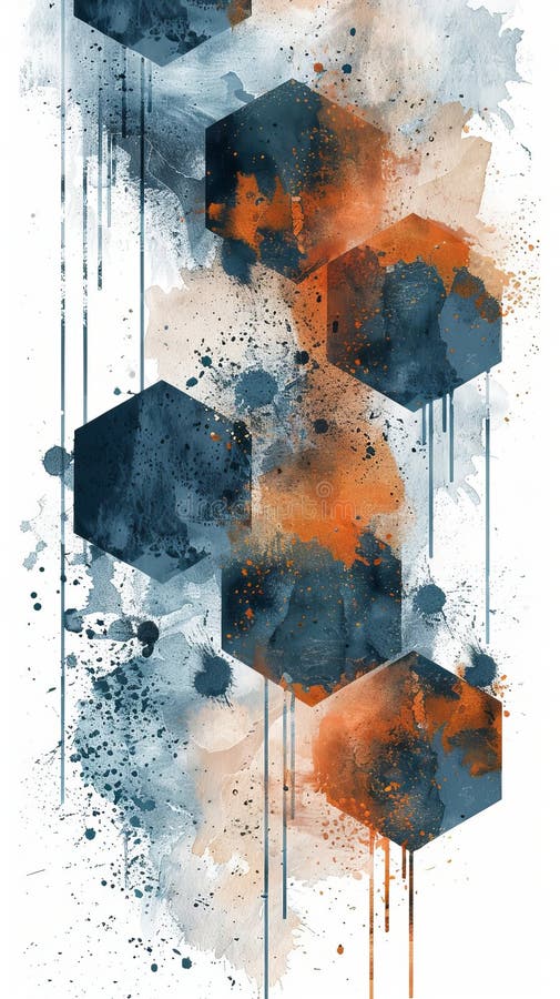 Abstract Hexagonal Shapes with Watercolor Splashes in Blue and Orange ...