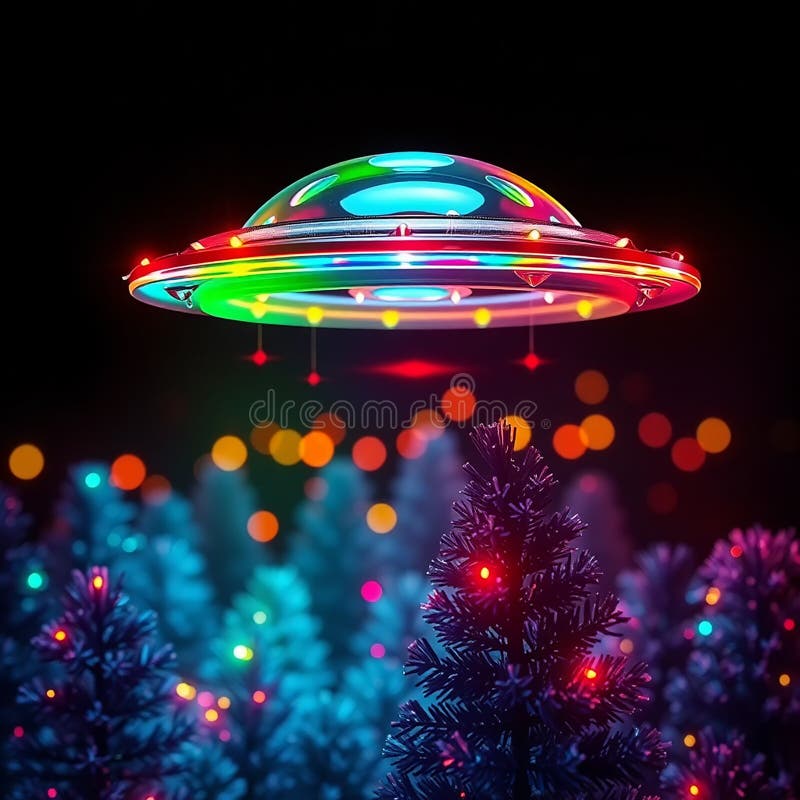 Abstract, High-resolution 3D Glass UFO with Christmas Lights Hovering ...