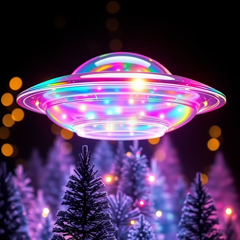 Abstract, High-resolution 3D Glass UFO with Christmas Lights Hovering ...