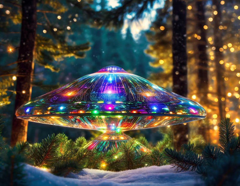 Abstract, High-resolution 3D Glass UFO with Christmas Lights Hovering ...