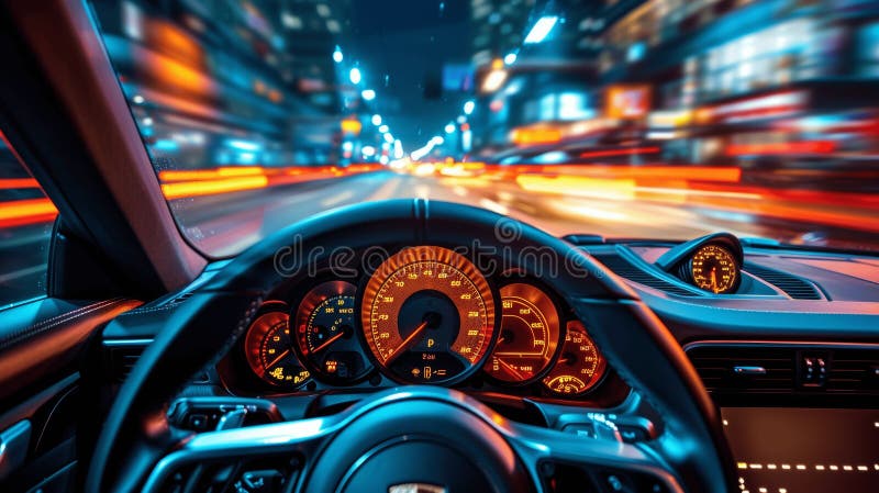 Abstract High-Speed Night Driving with Blurred Lights and Car Interior ...