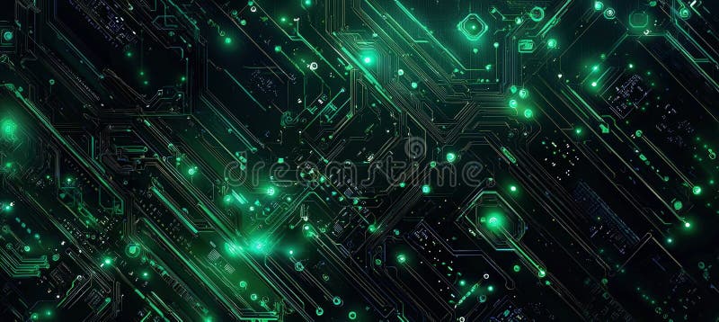 Abstract High-Tech Circuit Board Design in Green and Black, Emphasizing ...