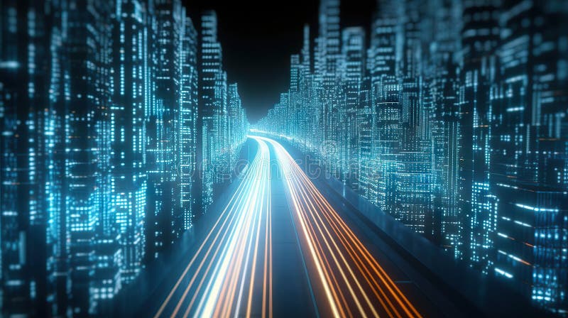 Abstract Highway Path through Digital Binary Towers in City. Concept of ...