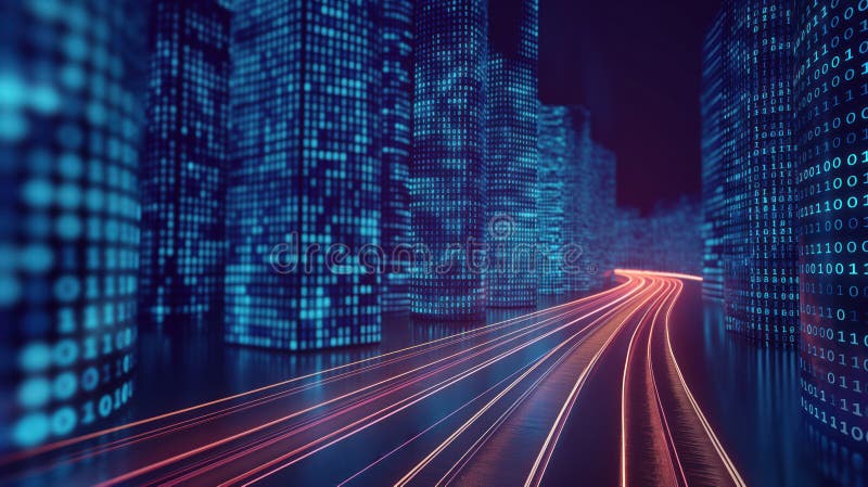 Abstract Highway Path through Digital Binary Towers in Cityscape ...