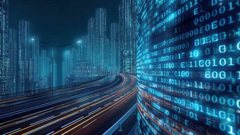 Abstract Highway Path through Digital Binary Towers in Cityscape ...