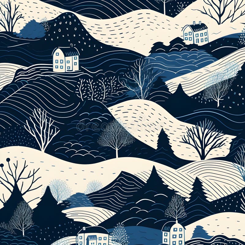 Abstract Hill Valley Winter Scribble Pattern. Mountain Landscape with ...