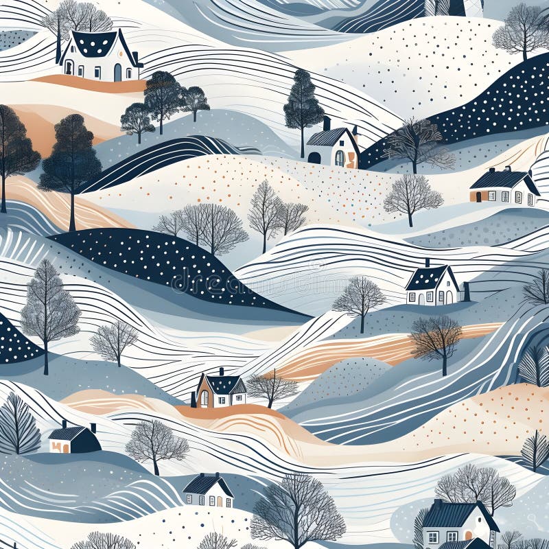 Abstract Hill Valley Winter Scribble Pattern. Mountain Landscape with ...