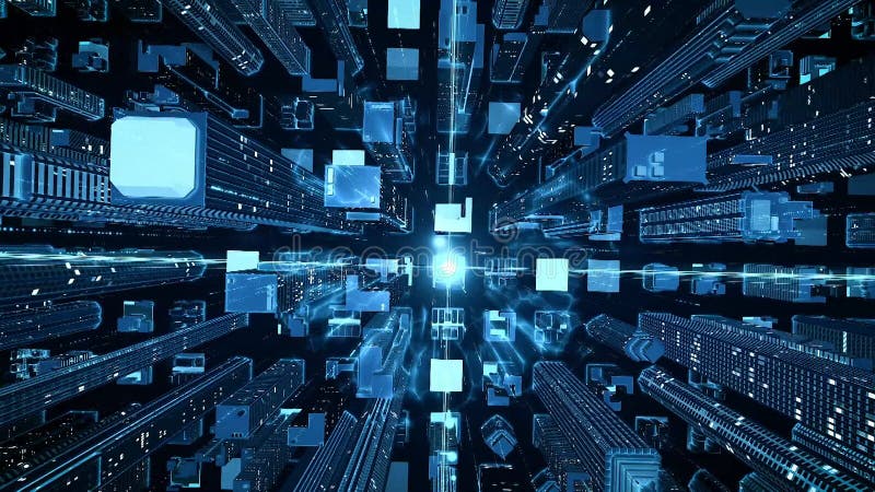 Abstract Hologram 3D City Rendering with Futuristic Matrix. Stock ...