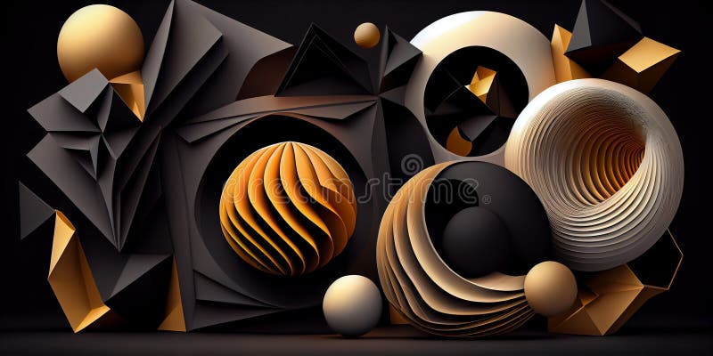 Abstract Horizontal Composition with Black and Gold 3d Geometric ...