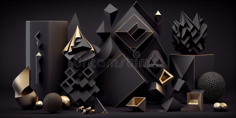 Abstract Horizontal Composition with Black and Gold 3d Objects on Black ...