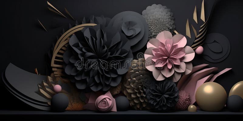 Abstract Horizontal Composition with 3d Objects and Flowers on Black ...