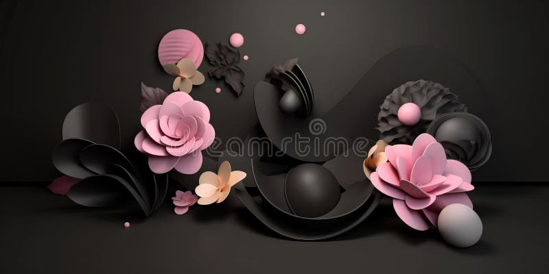 Abstract Horizontal Composition with 3d Objects and Flowers on Black ...
