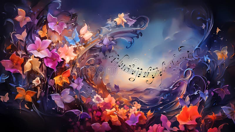 Abstract Horizontal Floral Background with Music Notes, Colorful ...