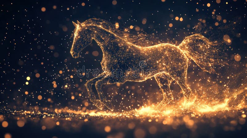 Abstract Horse Running at Night, Glowing Particles, Cosmic Background ...