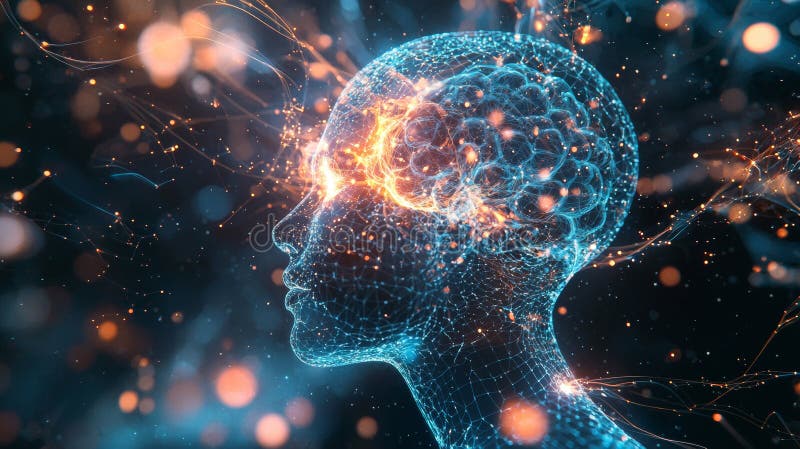 Abstract Human Brain Network in Glowing Blue and Orange Lights Stock ...