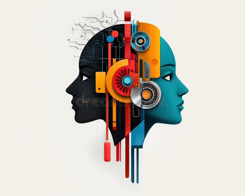 Abstract Human Faces with Digital Elements Stock Illustration ...