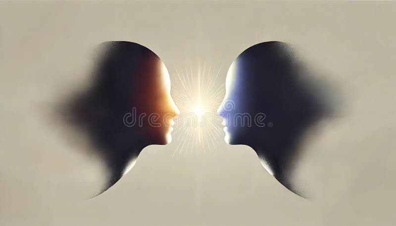 Abstract Human Faces Facing Each Other with a Glowing Light in between ...