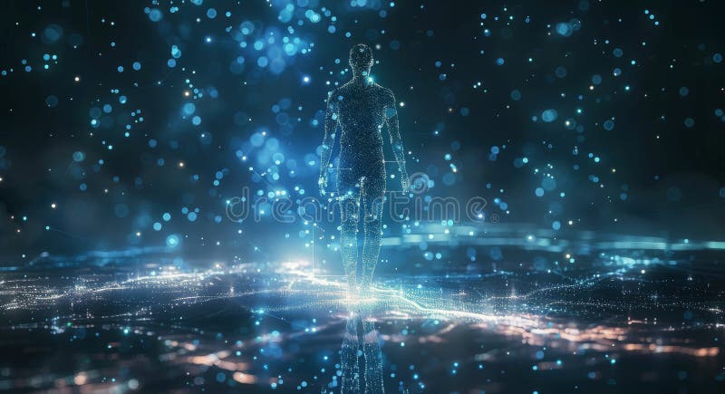 Abstract Human Figure Standing in a Digital Network of Light Stock ...