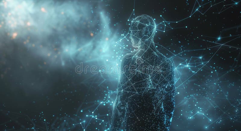 Abstract Human Figure Standing in a Digital Network of Light Stock ...