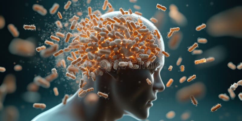 Abstract Human Figure Surrounded by Floating Pollen and Bacteria ...