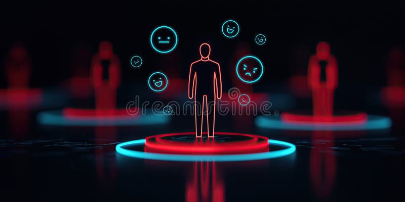 Abstract Human Figure Surrounded by Glowing Emotion Icons in Futuristic ...