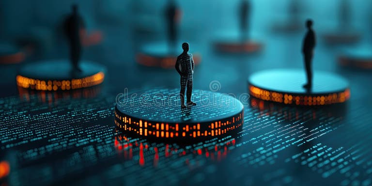 Abstract Human Figures Standing on Glowing Data Platforms, Symbolizing ...