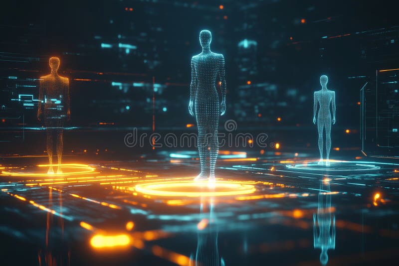 Abstract Human Figures Standing on Glowing Platforms in Digital ...