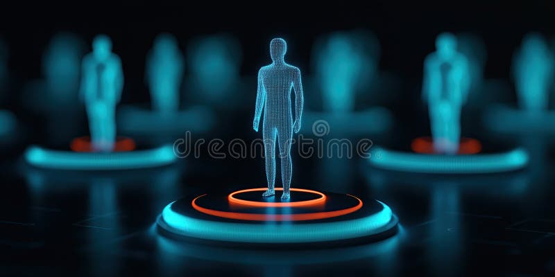 Abstract Human Figures Standing on Glowing Platforms in Futuristic ...