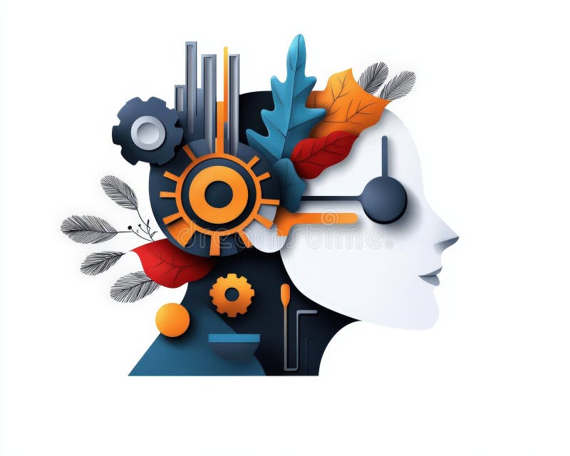 Abstract Human Head with Gears and Leaves Stock Illustration ...