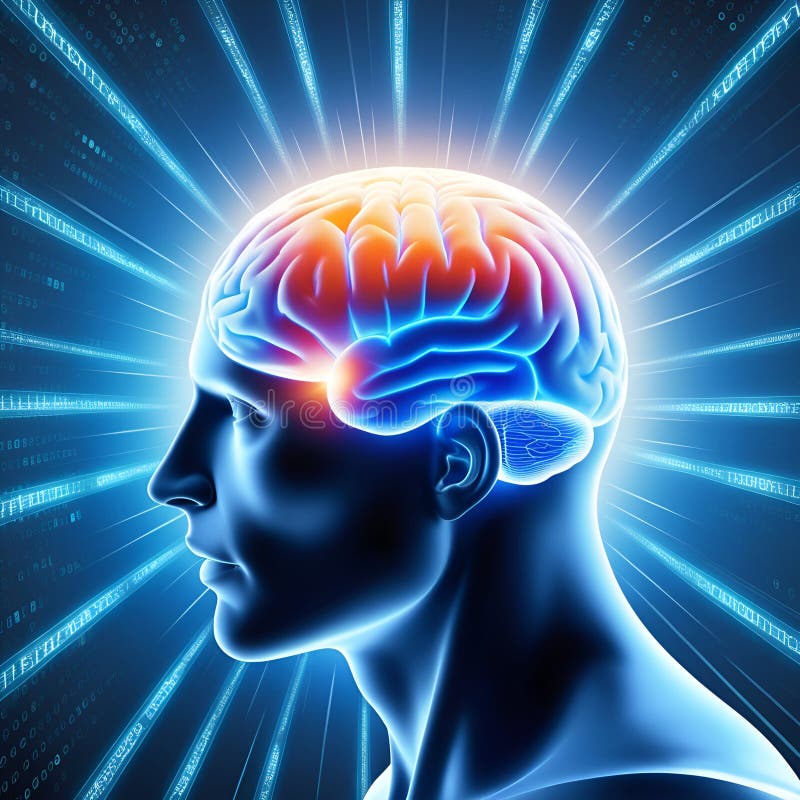 Digital Illustration of a Human Head with Glowing Brain Elements ...
