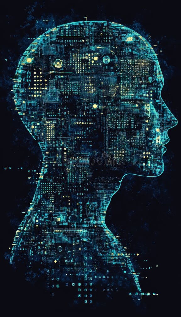 Abstract Human Head Silhouette with Motherboard Pattern and Binary Code ...