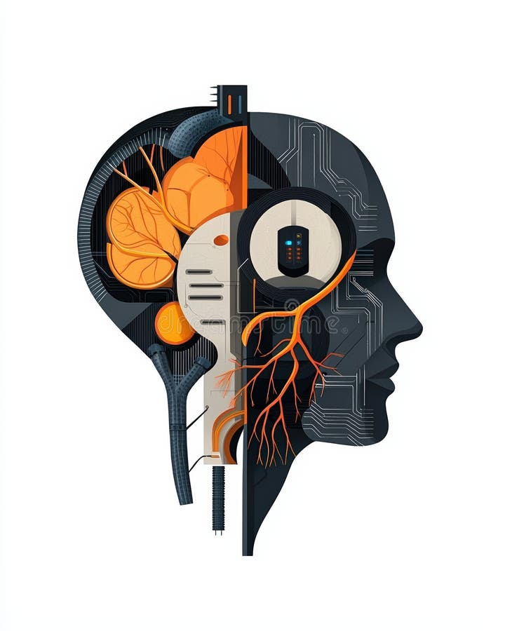 Abstract Human Head with Tech and Brain Elements Stock Illustration ...