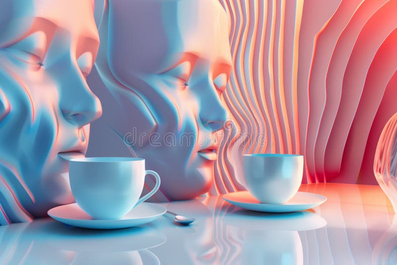 Abstract Human Heads in the Wall with Wavy Texture Drinking Coffee on ...