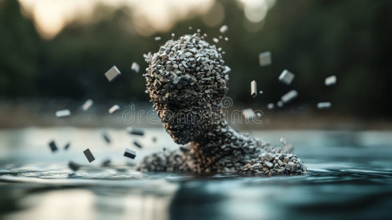 Abstract Human-like Figure Emerging from Water with Floating Debris ...