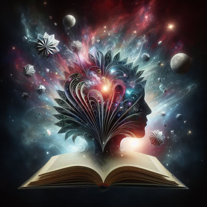 Abstract Human Mind Explosion with Book and Space Elements Stock Image ...