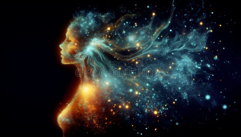 Abstract Human Silhouette Dissolving into Glowing Particles Symbolizing ...