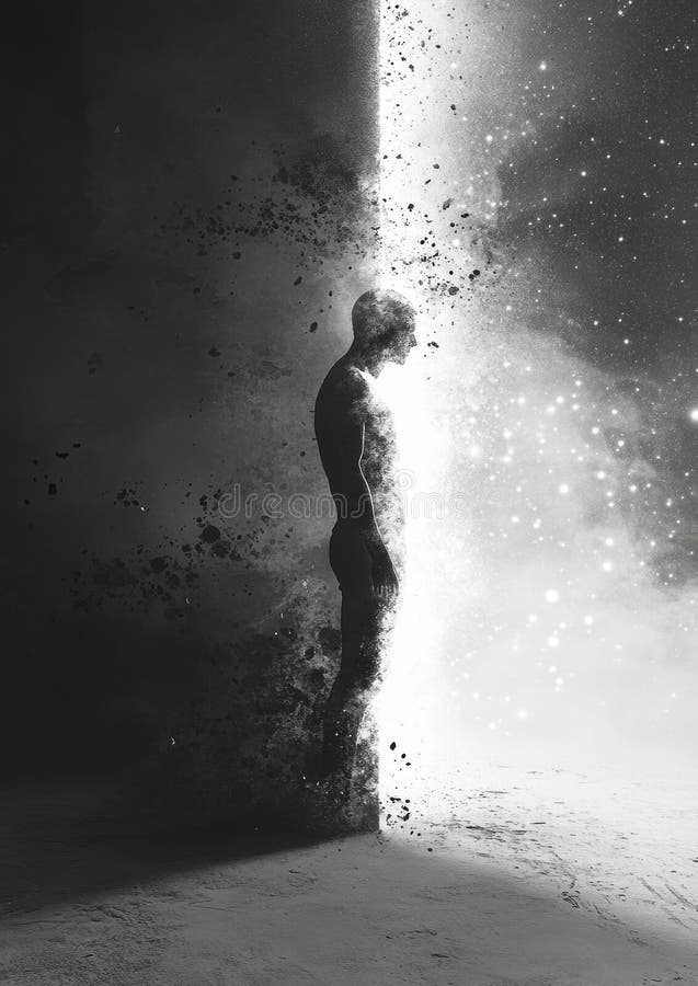 Abstract Human Silhouette Emerging from Darkness into Light Space Stock ...