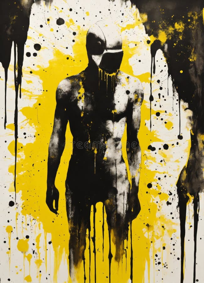 Abstract Humanoid Figure with Bold Yellow and Black Paint Splatters on ...