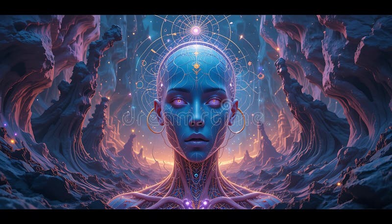 Abstract Humanoid Figure with Geometric Designs in a Cave Landscape ...