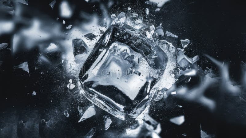 An Abstract Ice Cube Shattering into Sparkling Fragments Against a Dark ...