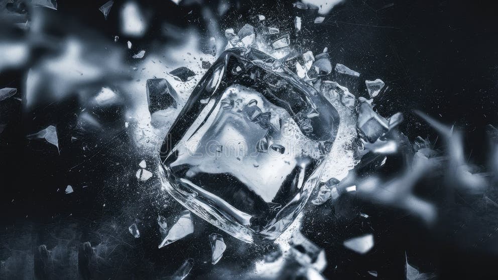 An Abstract Ice Cube Shattering into Sparkling Fragments Against a Dark ...