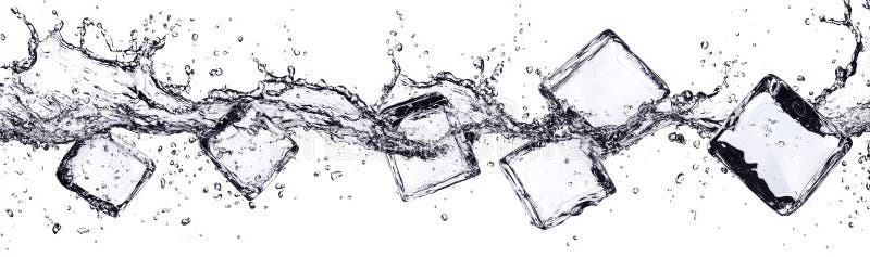 Abstract Ice Cubes in a Splashing Art Set, Presented on a Transparent ...