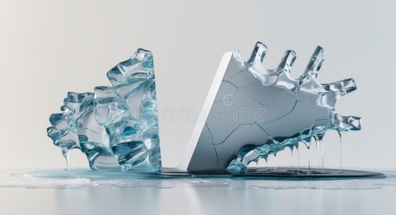 Abstract Ice Sculpture Melting, Water Dripping, Reflective Surface ...