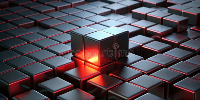 Abstract Illuminated Cube Array a Single Glowing Element in a Dark Field of Metallic Blocks ...