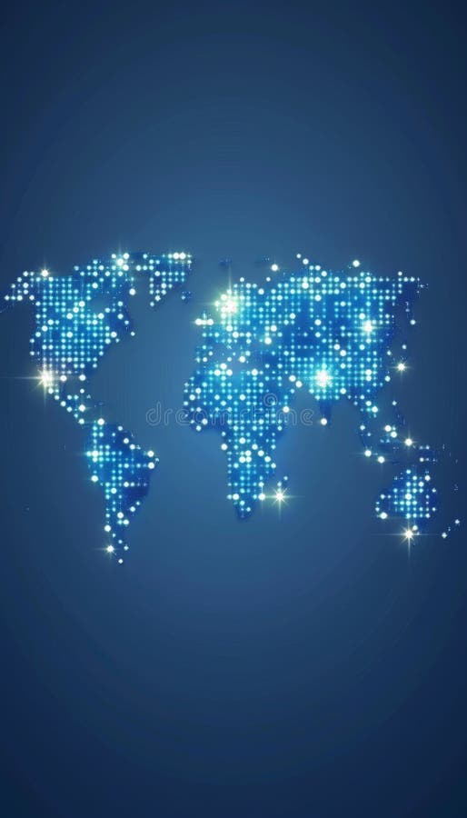 Abstract Illuminated Digital World Map on a Dark Blue Background ...
