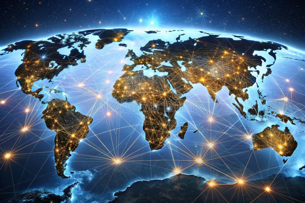 Illuminated Global Connectivity Map Generative Ai Stock Illustration - Illustration of continent ...