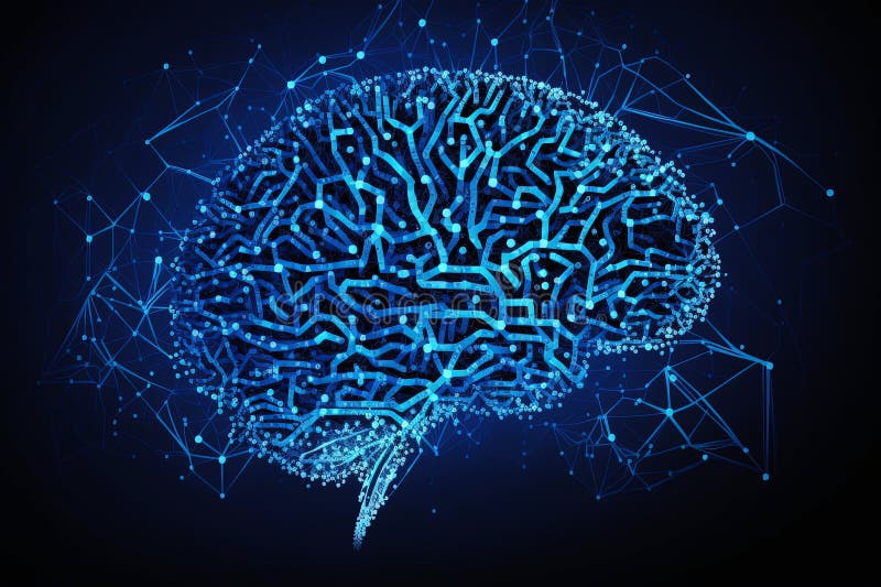 Brain Connection Network on Blue Neon Abstract Background. Generaive AI ...